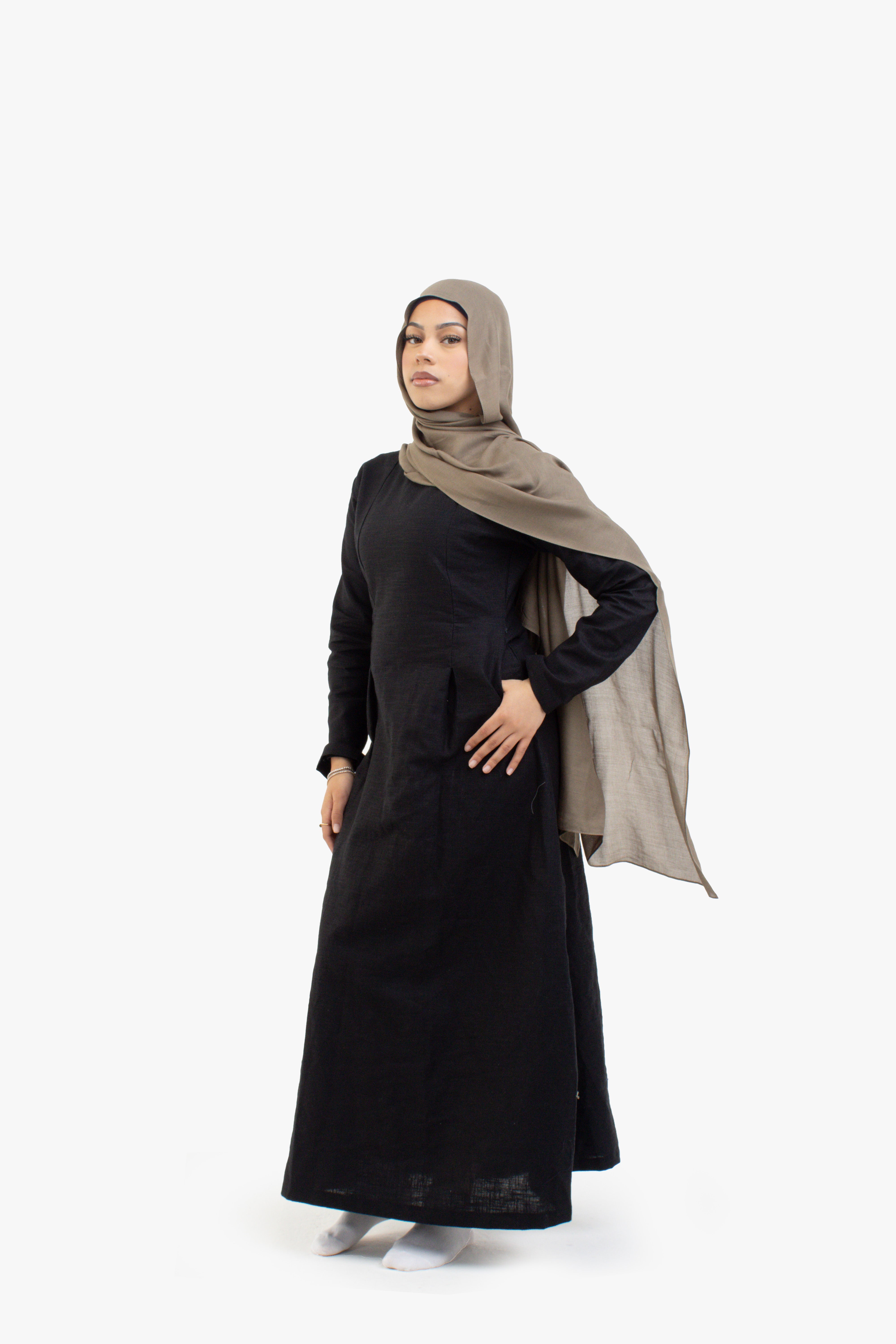 Black Double Pleat Linen Cotton Dress – Jawda