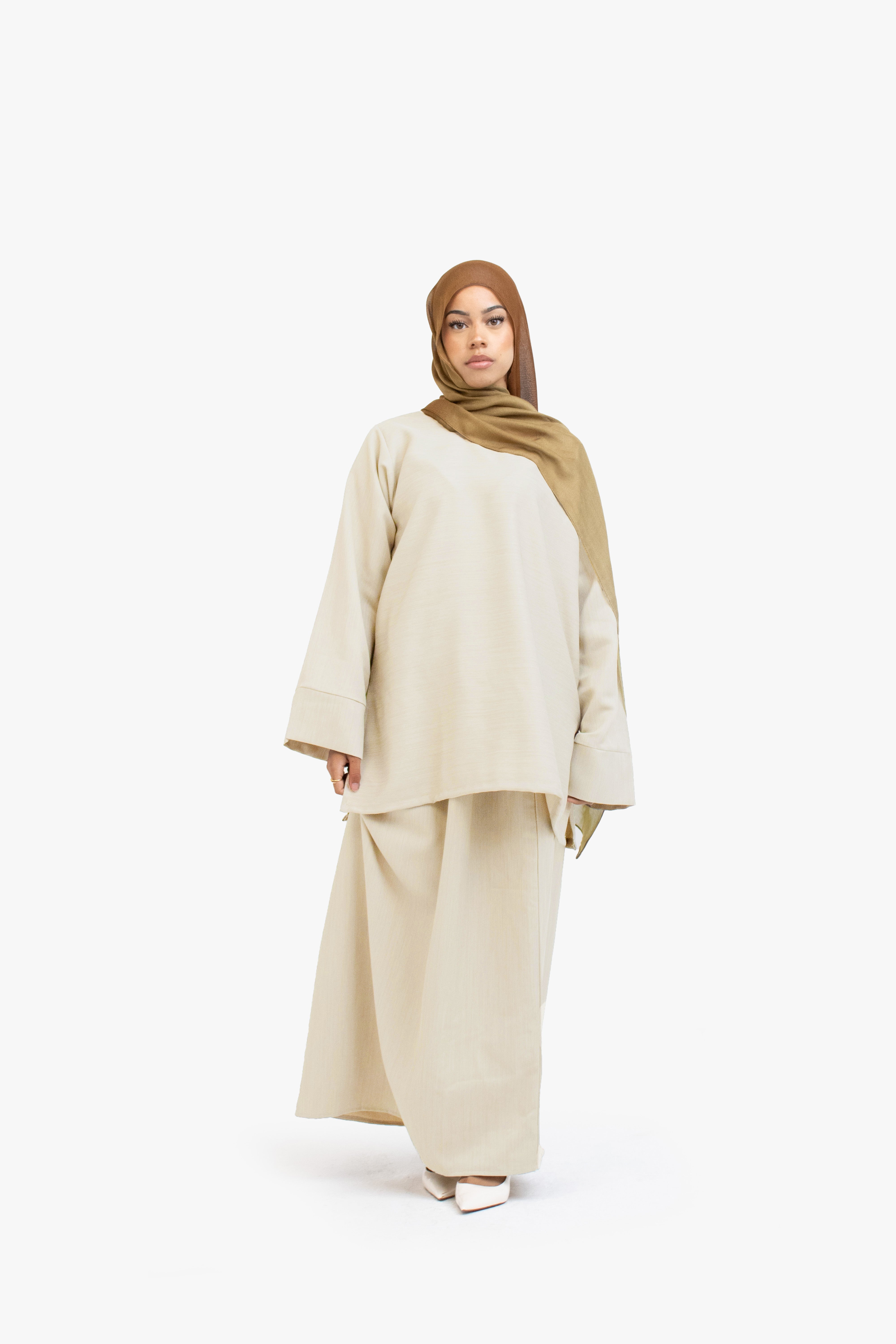 Khaki Textured Two-Piece Abaya – Jawda